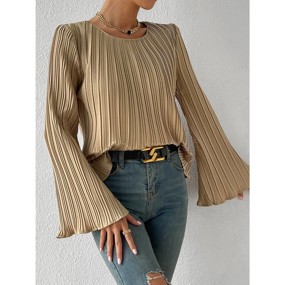 WILA | Tops | Solid Flounce Sleeve Plisse Blouse Bell Sleeve Black ...